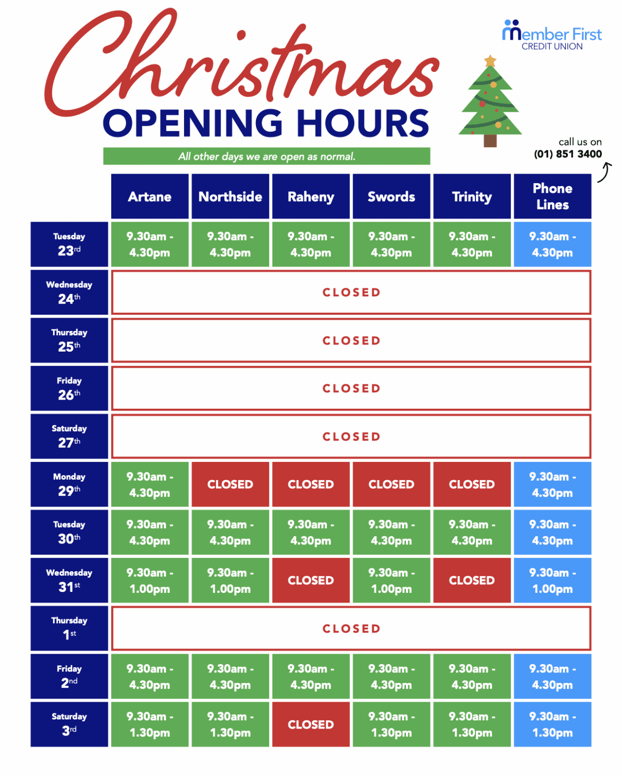 Christmas Opening Hours 2025 - Member First Credit Union - Loans and ...